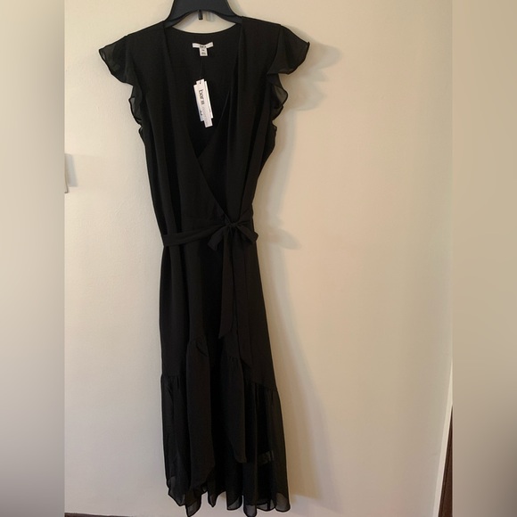Bar III | Dresses | Bar Iii Black Wrap Dress Sheer Ruffle Bottom And ...